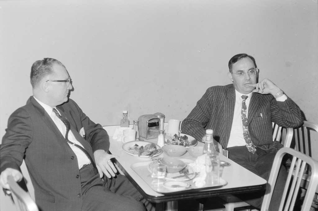 Bob Madle and Sam Moskowitz in cafeteria, Philcon 1965 — Calisphere