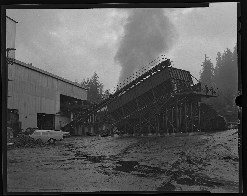[Wood conveyor outside factory] — Calisphere
