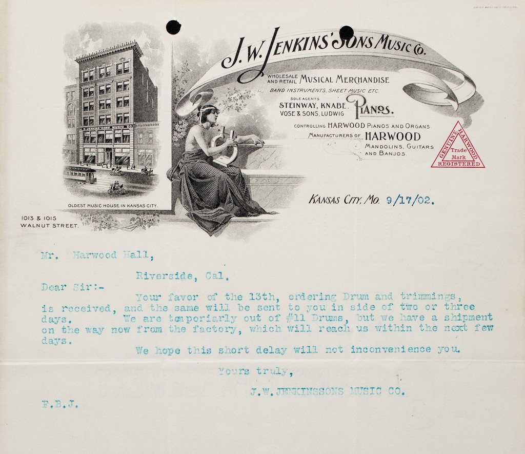 Letter to Harwood Hall from J. W. Jenkins' Sons Music Co. — Calisphere