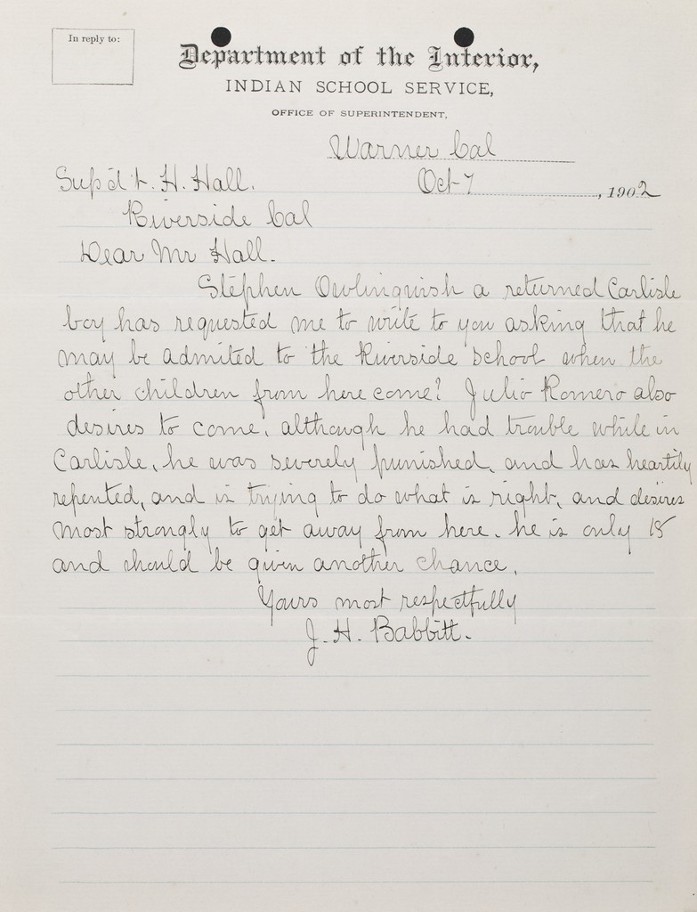 Letter to H. Hall from J. H. Babbitt — Calisphere
