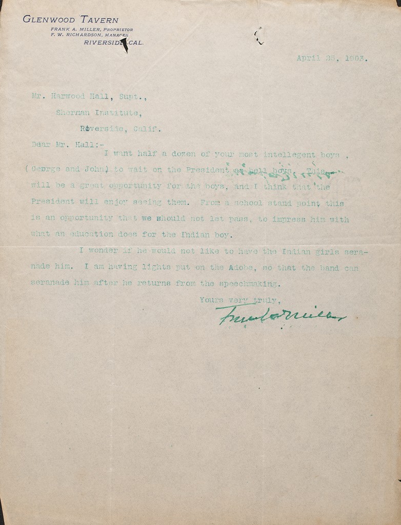 Letter to Harwood Hall from Frank A. Miller — Calisphere
