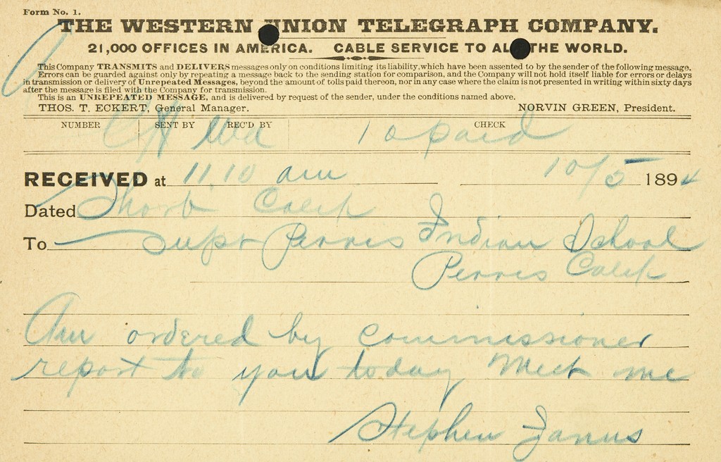 Telegram to the superintendent of Perris Indian School from Stephen ...