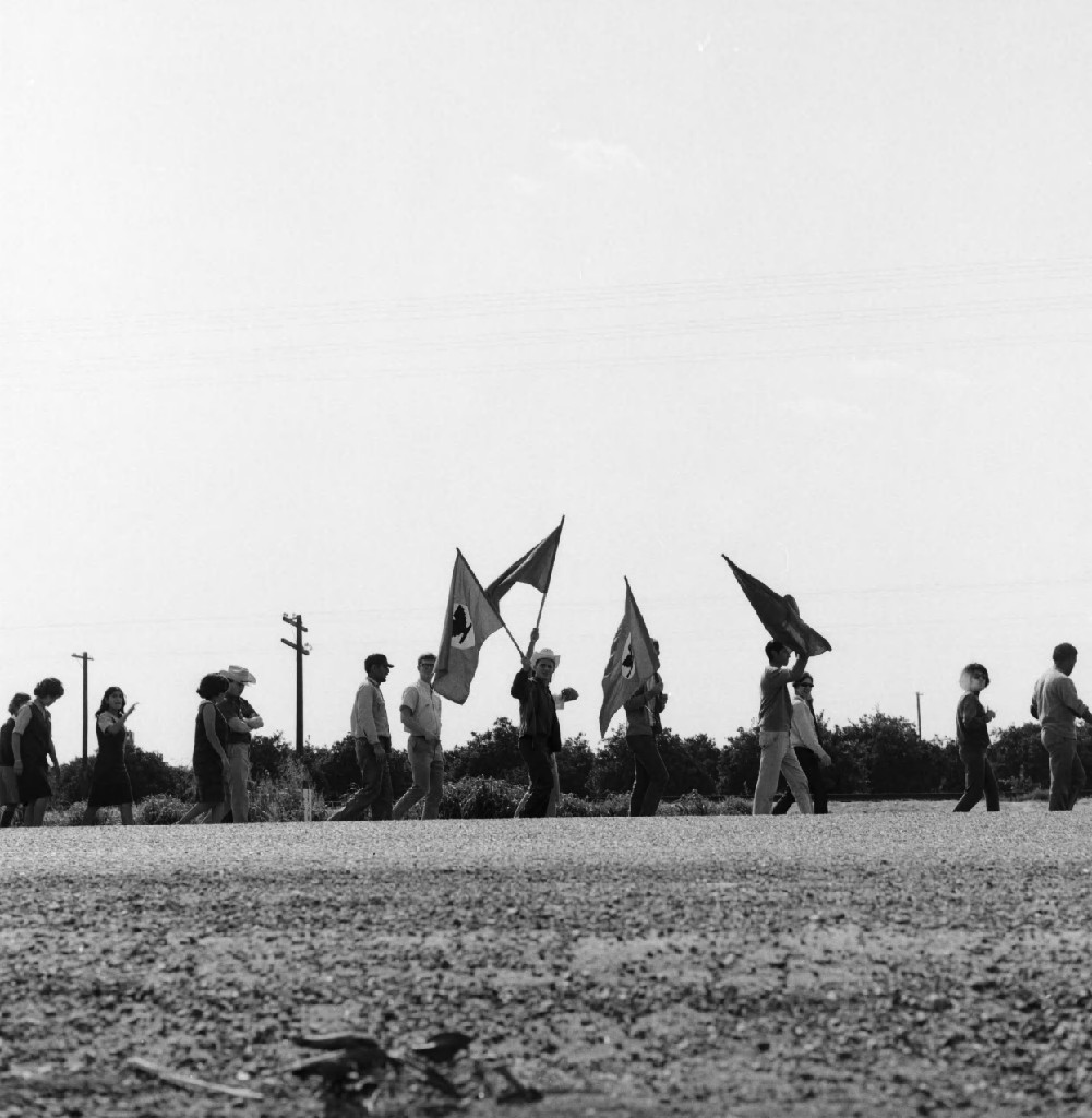 Side view of protestors marching with flags — Calisphere