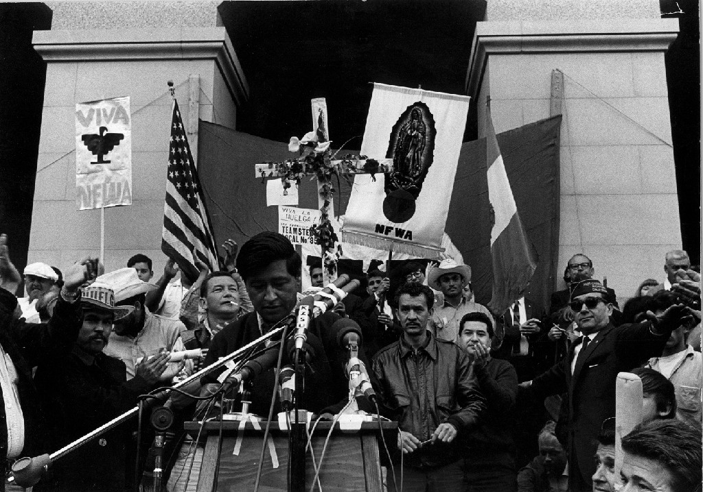 Cesar Chavez addresses rally at end of Delano-Sacramento march by NFWA ...