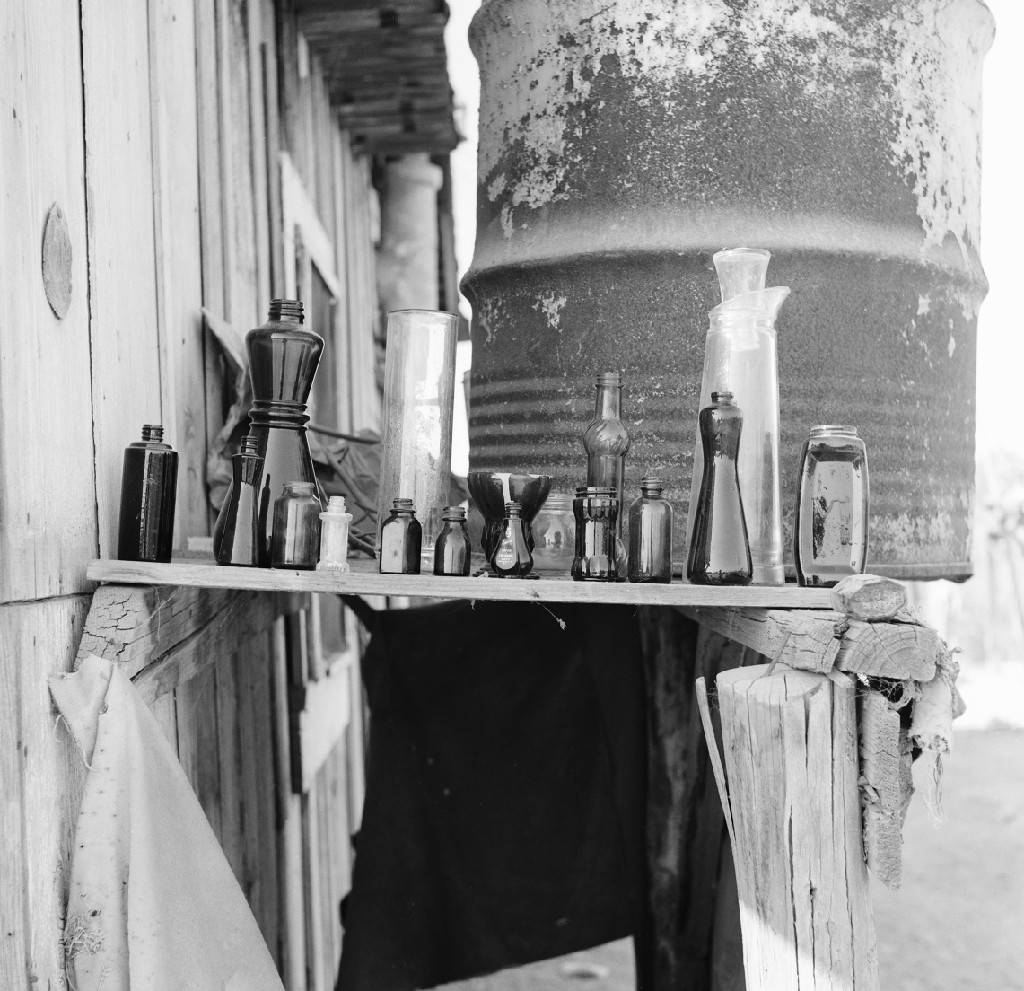 Makeshift table attached to outside of building — Calisphere