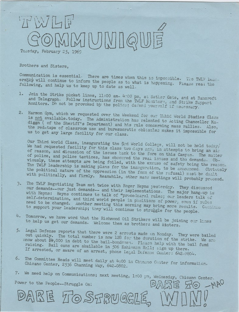 TWLF Communiqué #9, February 25, 1969 — Calisphere