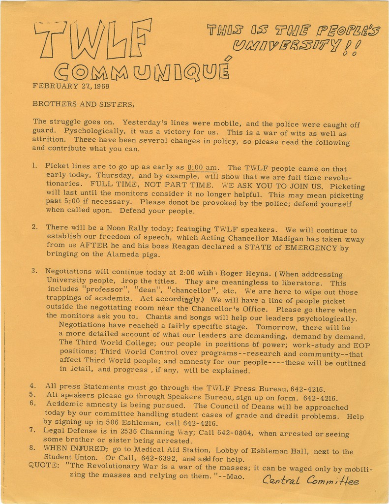 TWLF Communiqué #11, February 27, 1969 — Calisphere