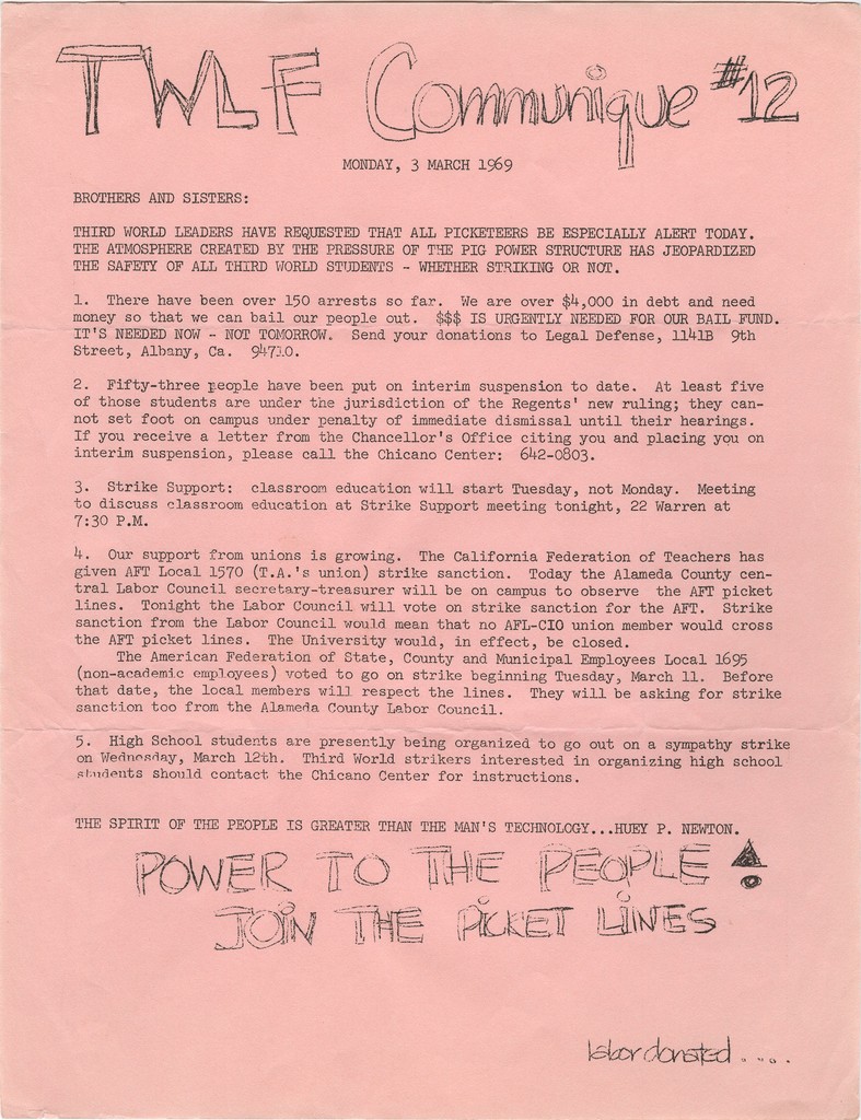 TWLF Communiqué #12, March 3, 1969 — Calisphere