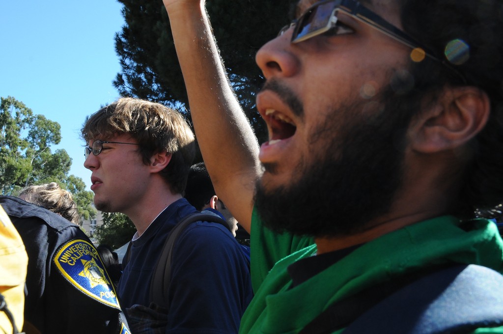 Students protesting near Aldrich Hall; photograph at University of ...